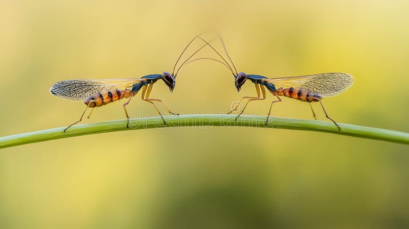 Delicate Winged Insects Facing Each Other on a Grass Blade Stock ...