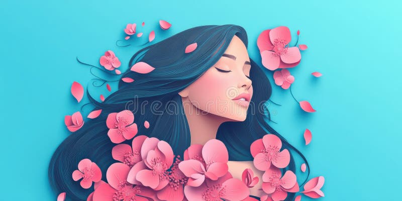 Delicate Woman with Pink Flowers, Women S Day Art Stock Illustration ...