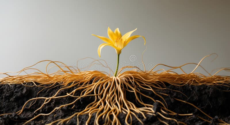 Delicate Yellow Flower with Extensive Root System Emerging from Dark ...