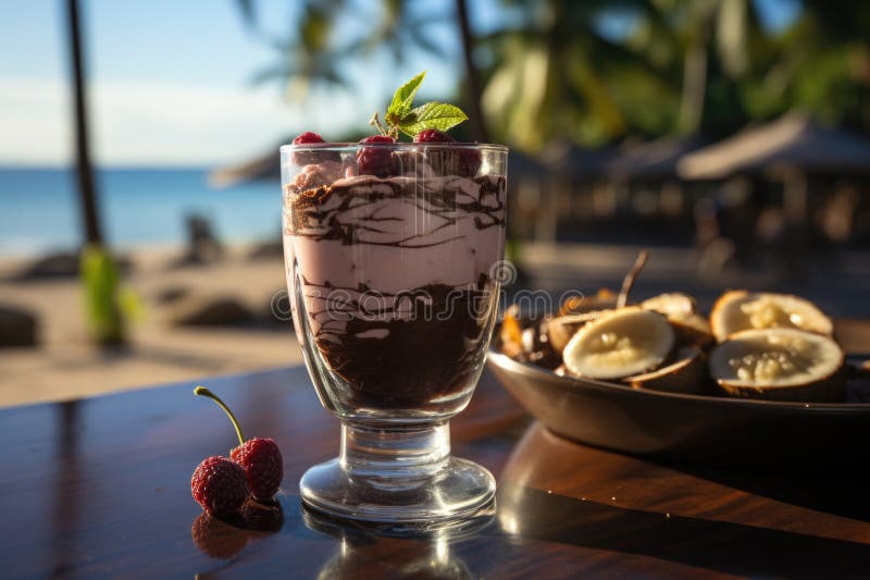 Delicious Acai Pudding on a Tropical Beach, with Palm and Beach C Stock ...