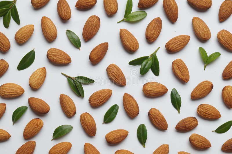 Delicious Almonds and Fresh Leaves on White Background, Flat Lay Stock ...