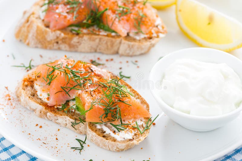 Delicious Appetizer with Bread, Salted Salmon and Cream Cheese Stock ...