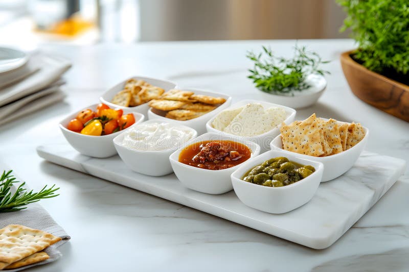 Delicious Appetizer Spread Featuring Various Dips and Crackers Arranged ...