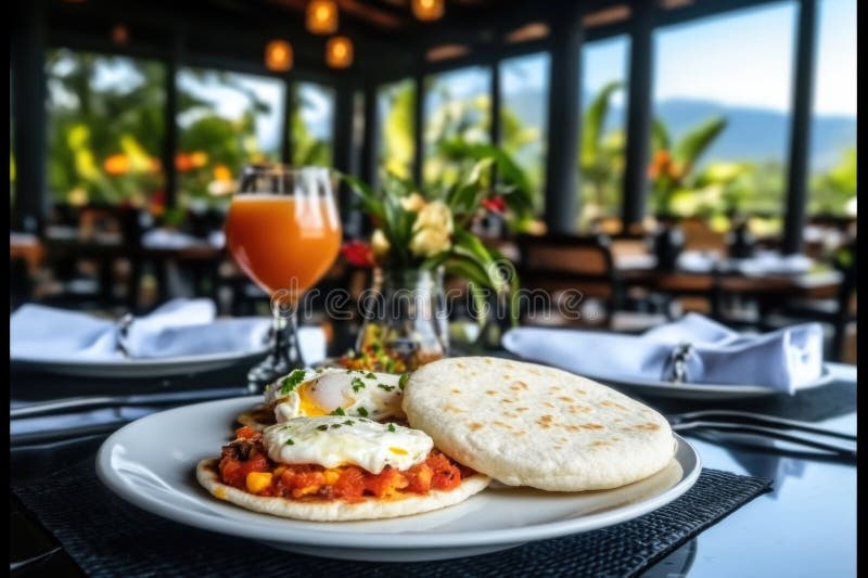 Delicious Arepas with Eggs and Juice in Scenic Restaurant Setting Stock ...