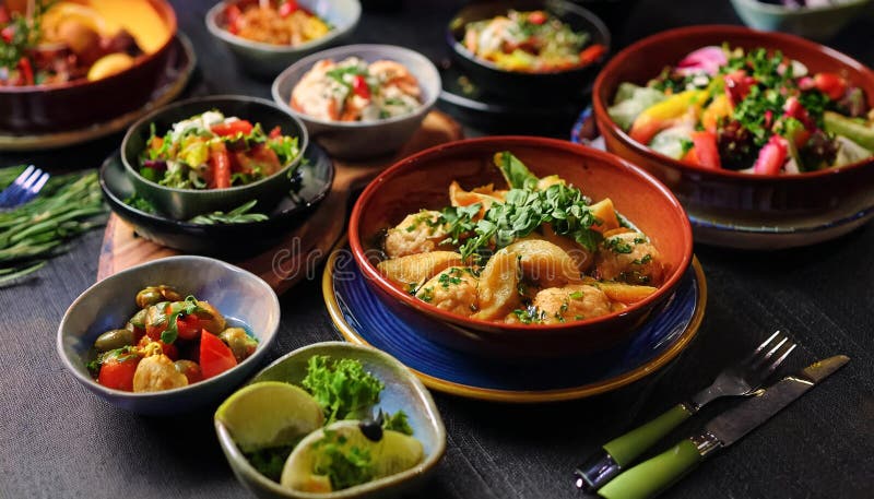 Delicious Array of Colorful Dishes on a Table Stock Illustration ...