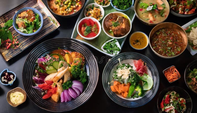 Delicious Array of Colorful Dishes on a Table Stock Illustration ...