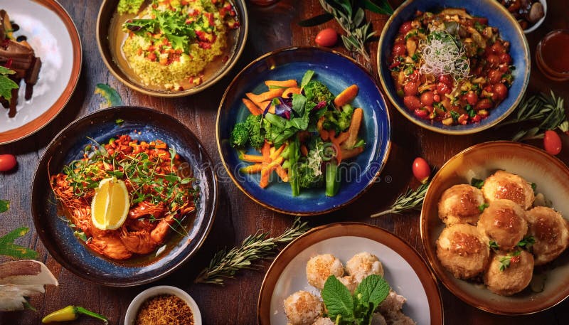 Delicious Array of Colorful Dishes on a Table Stock Illustration ...