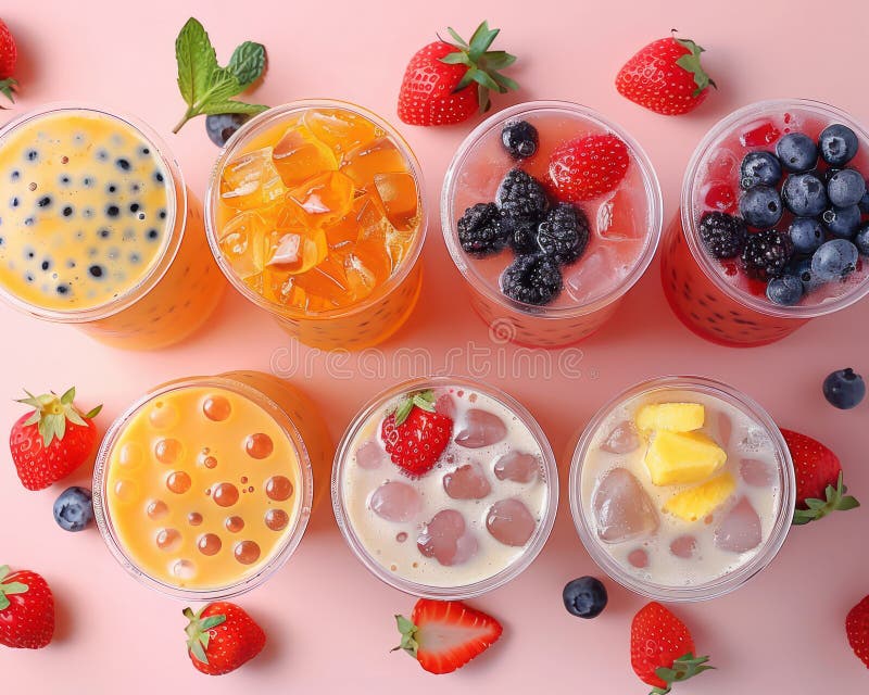 Delicious Array of Refreshing Fruit Bubble Tea Drinks in Various ...