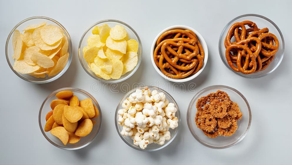 Delicious Array of Snacks in Clear Bowls on a Light Surface Stock Image ...