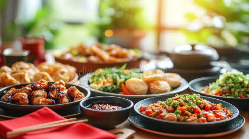 Delicious Asian Food Buffet Table Display Stock Illustration ...