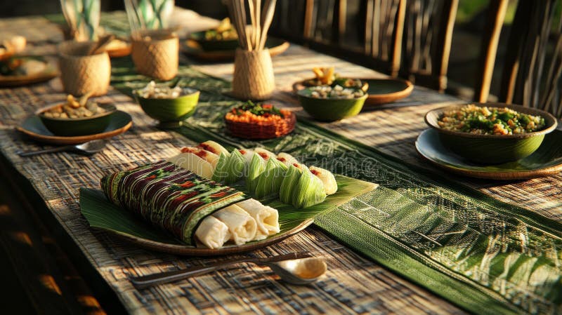 Delicious Asian Food on a Table Set with Traditional Decorations Stock ...