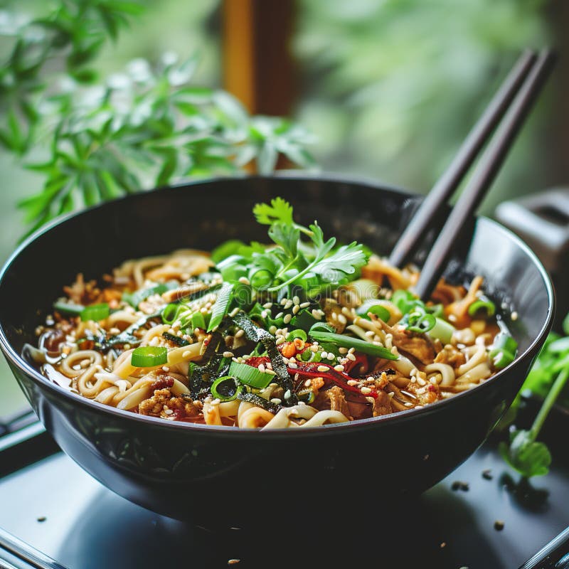 Delicious Asian Noodle Soup in a Black Bowl Stock Photo - Image of meal ...