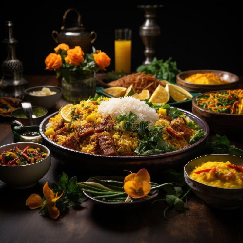 Delicious Asian Rice Dish with Toppings and Sides Stock Illustration ...