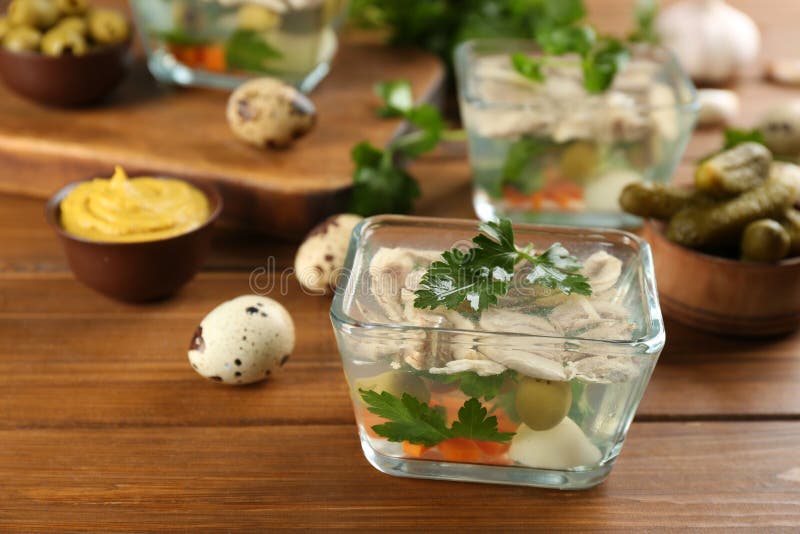 Delicious Aspic with Meat and Vegetables Served on Wooden Table Stock ...