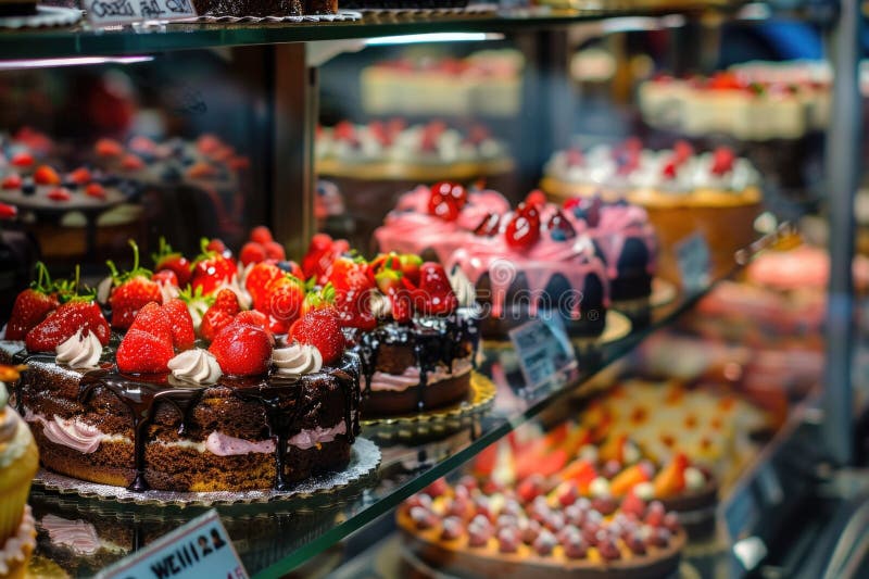 Delicious Assorted Cakes Display in Bakery Showcase with Fresh ...
