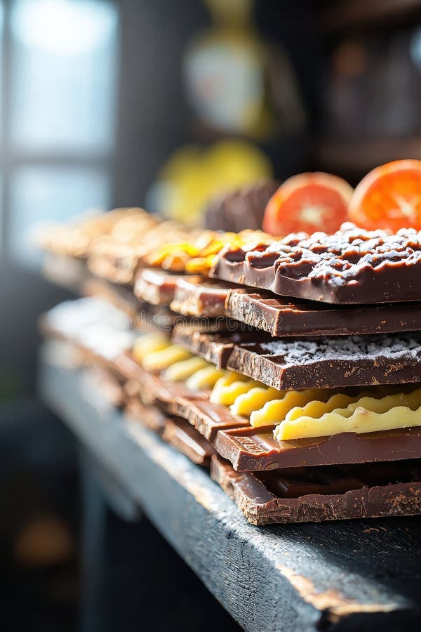 Stack of Gourmet Chocolate Bars, Each with Unique Flavor and Texture ...
