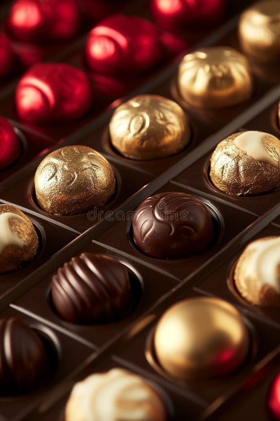 Delicious Assorted Chocolates in Elegant Gold and Red Packaging. Stock ...