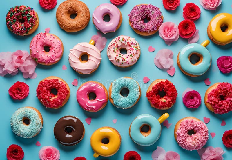 Delicious Assorted Donuts on Blue Background with Roses and Hearts AI ...