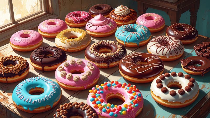 Delicious Assorted Donuts Lying on Wooden Table, Illuminated by ...
