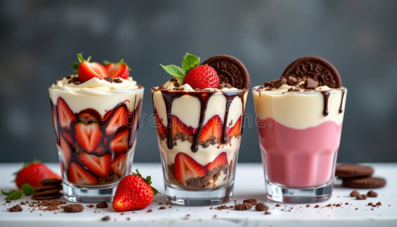 Delicious Assorted Glass Parfaits with Strawberries, Chocolate, and ...