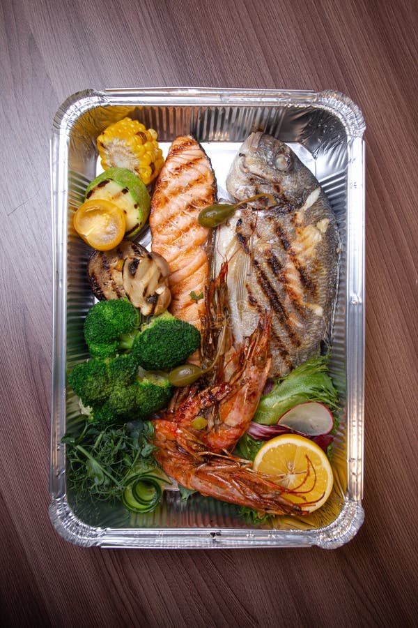 Delicious Assorted Grilled Fish Dishes Top View Stock Image - Image of ...
