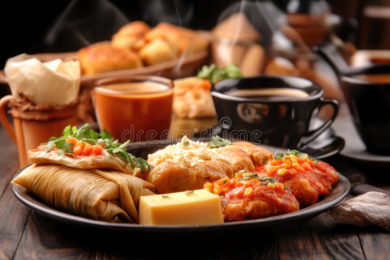 Delicious Assorted Latin American Breakfast with Tamales and Coffee ...
