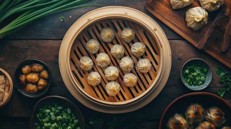 Delicious Assortment of Dim Sum Served in a Bamboo Steamer on a Dark ...