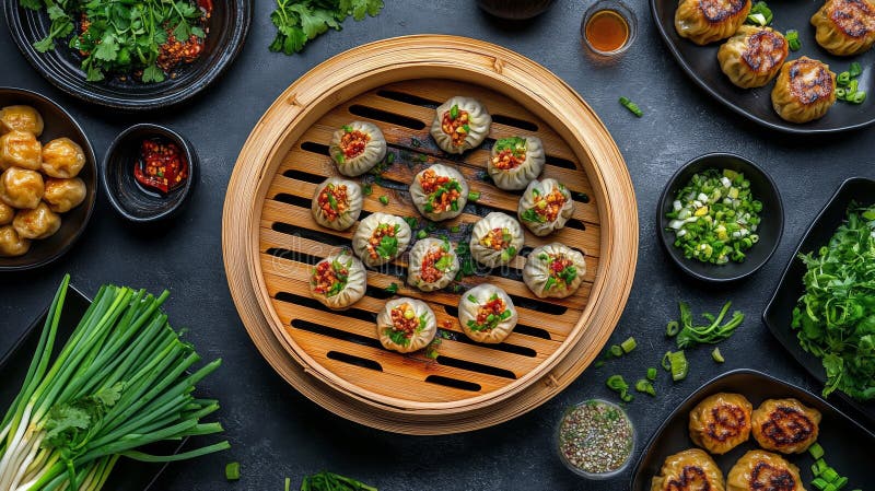 Delicious Assortment of Dim Sum Served in a Bamboo Steamer on a Dark ...