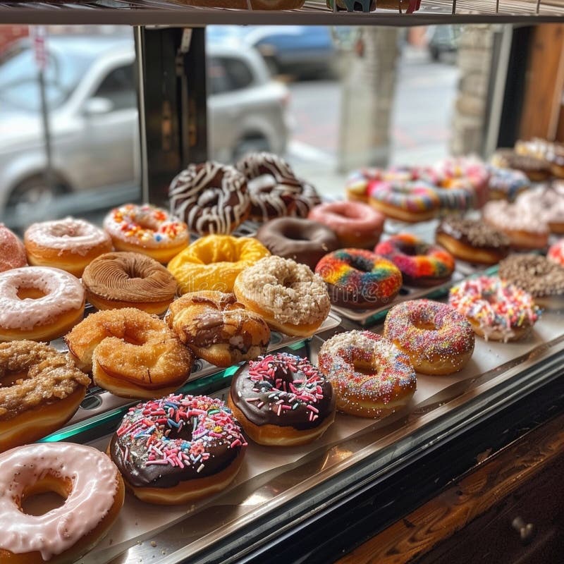 Delicious Assortment of Fresh Doughnuts Displayed Near a Window Stock ...