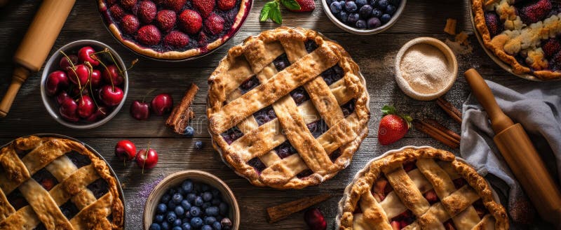 The Delicious Assortment of Fruit Pies on a Rustic Wooden Table..AI ...