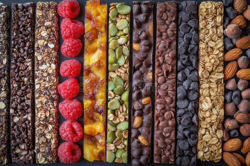 Delicious Assortment of Granola and Protein Bars Arranged on a Dark ...