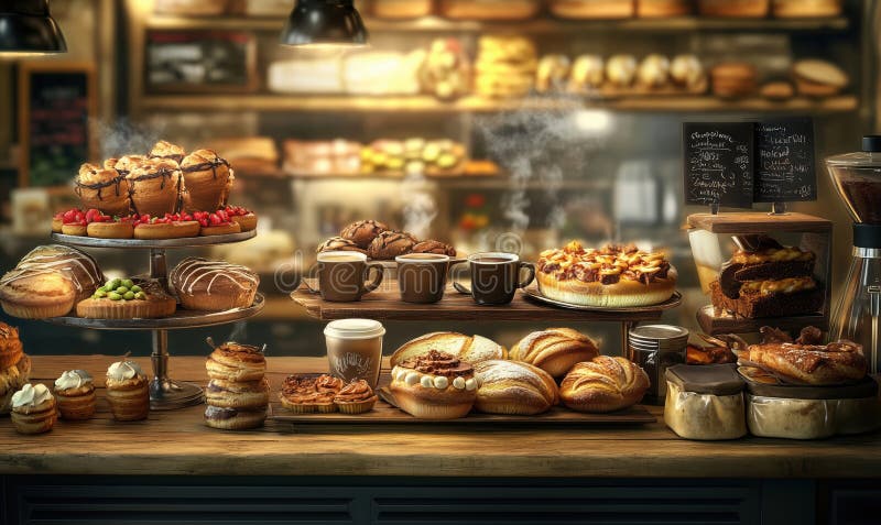 Delicious Assortment of Pastries and Coffee in a Cozy Bakery Setting ...
