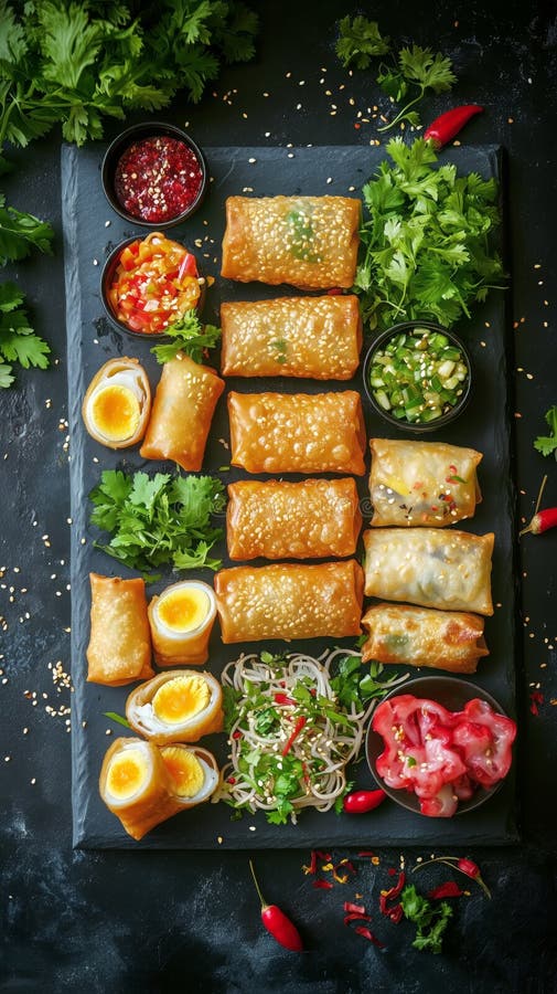 Delicious Assortment Spring Rolls Vegetables Served Black Platter ...