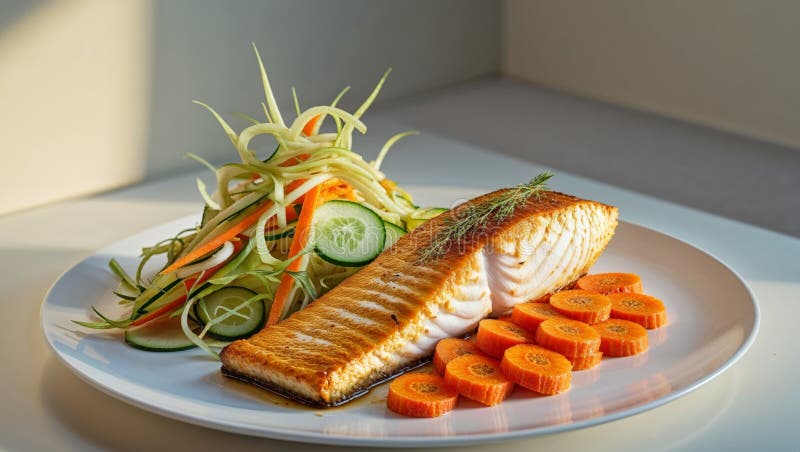 Delicious Baked Fish with Carrot and Cucumber Salad. Stock Image ...