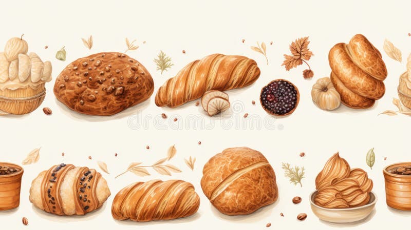 Delicious Bakery Items and Pastries in Watercolor Style Seamless ...