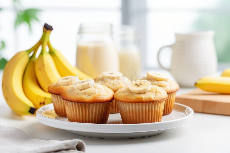 Delicious Banana Muffins on Defocused Kitchen Background with Copy ...