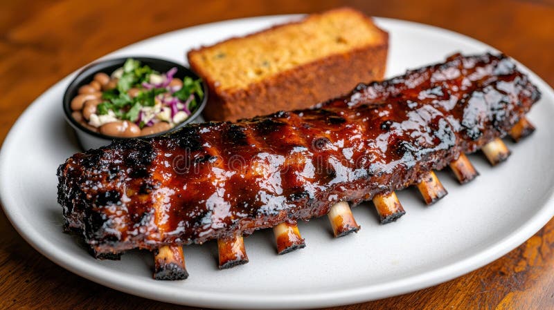 Delicious Barbecue Ribs with Cornbread and Side Salad Stock ...