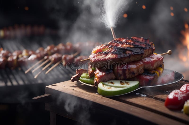 Delicious Bbq Kebab Grilling on Open Grill. Generative AI Stock Illustration - Illustration of ...