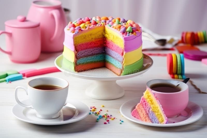 Delicious and Beautiful Cake with Rainbow Colors, Served with Tea or ...