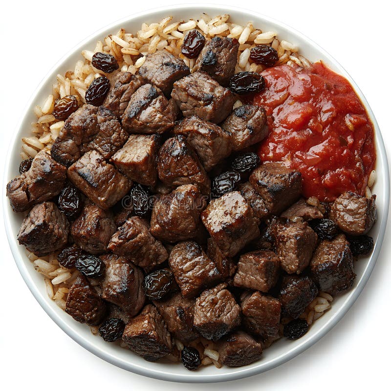 Delicious Beef Cubes with Rice Raisins and Salsa a Top Down View of a ...