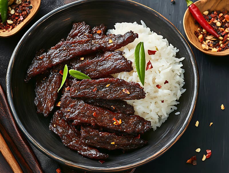 Delicious Beef Jerky Served with Fluffy White Rice Stock Illustration ...