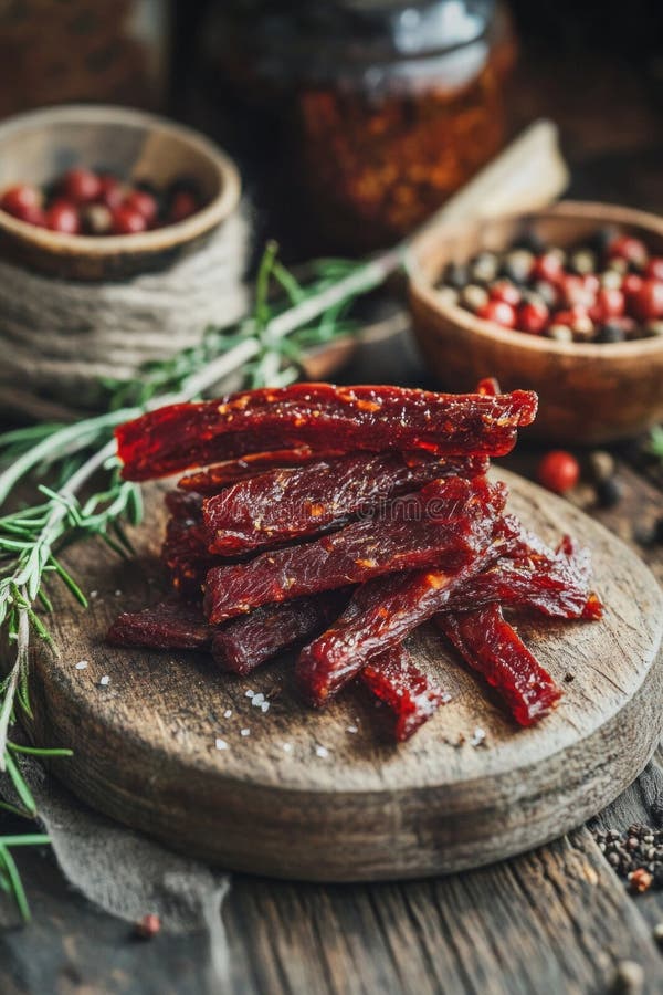 Delicious Beef Jerky Snack on Rustic Wooden Board with Herbs and Spices ...