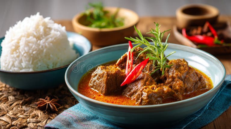 Delicious Beef Rendang with Fresh Herbs and Steamed Rice in a Rustic ...