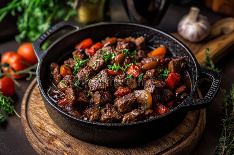 Delicious Beef Stew in Cast Iron Pot with Fresh Vegetables Stock Image ...