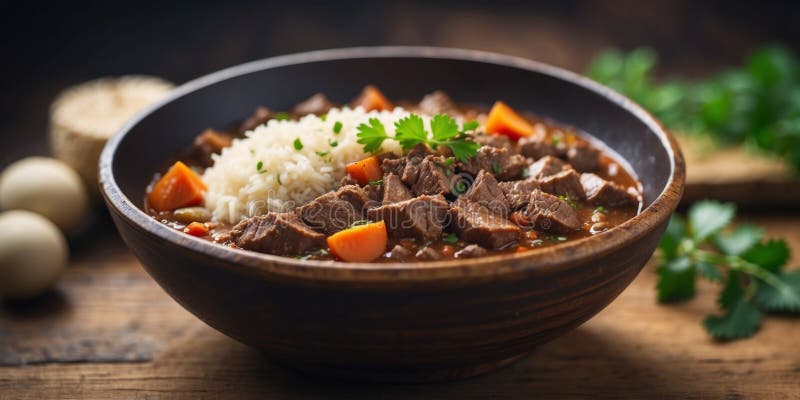 Delicious Beef Stew with Rice Served in Rustic Bowl. Stock Image ...