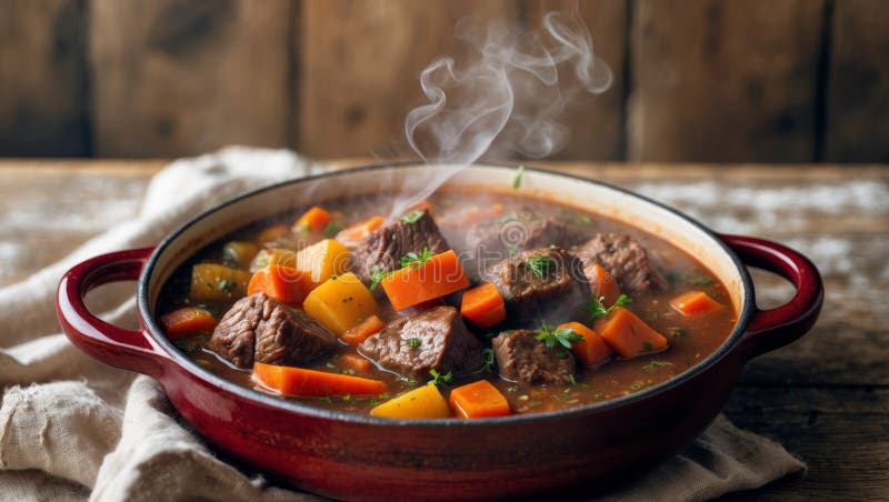 Delicious Beef Stew with Vegetables in Red Pot. Stock Image - Image of ...