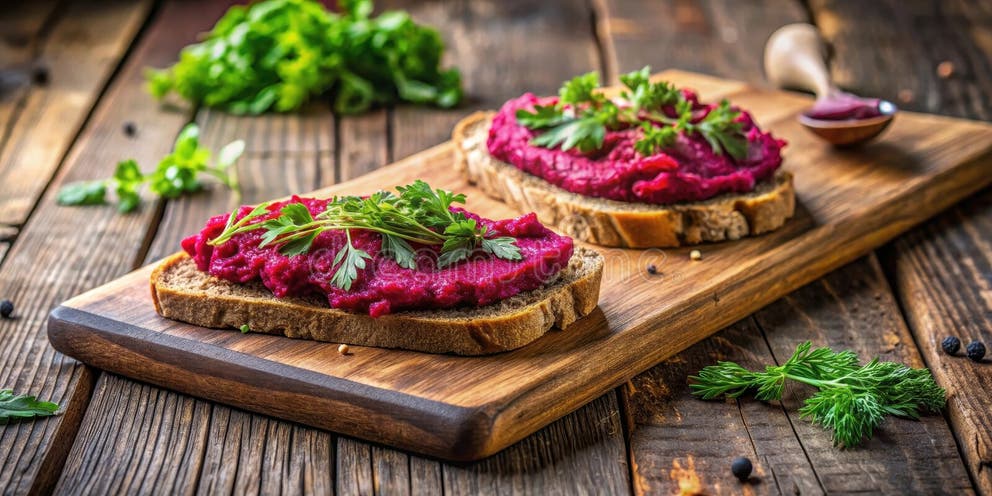 Delicious Beetroot Paste on Rustic Bread Slices with Fresh Herbs ...