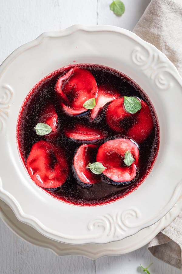 Delicious Beetroot Soup with Dumplings and Seasoned with Marjoram Stock ...