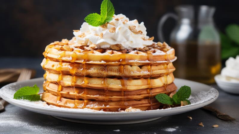 Delicious Belgian Waffles Stack with Whipped Cream Stock Illustration ...