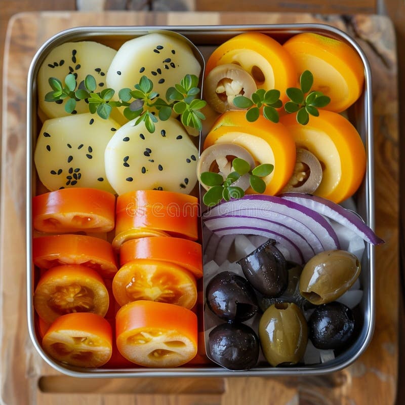 Delicious Bento Box Lunch Featuring Cheese, Onion, and Olives Stock ...